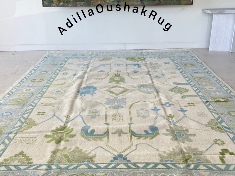 RUNNER OUSHAK Hallway Runner, White Green Accent Blue Oushak Rug Living ...