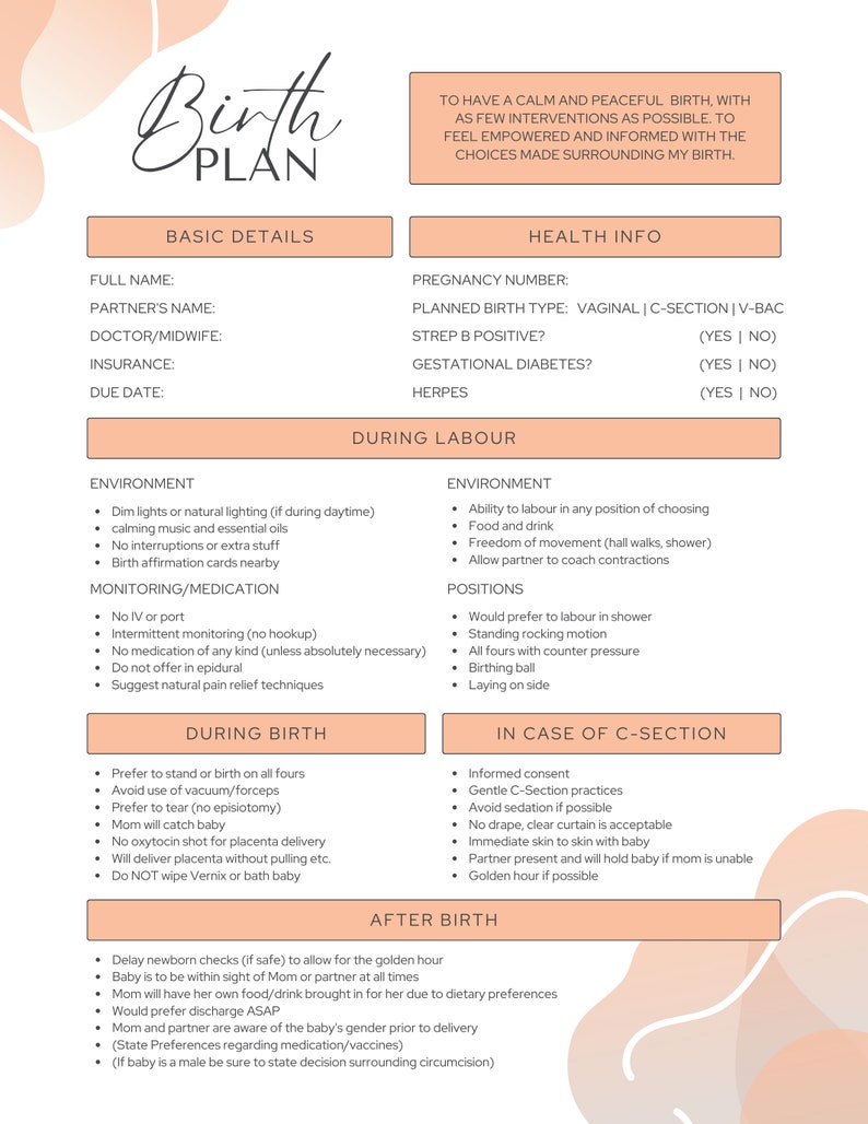 Birth Plan Template | Birth Plan Printable | Natural Birth Plan ...