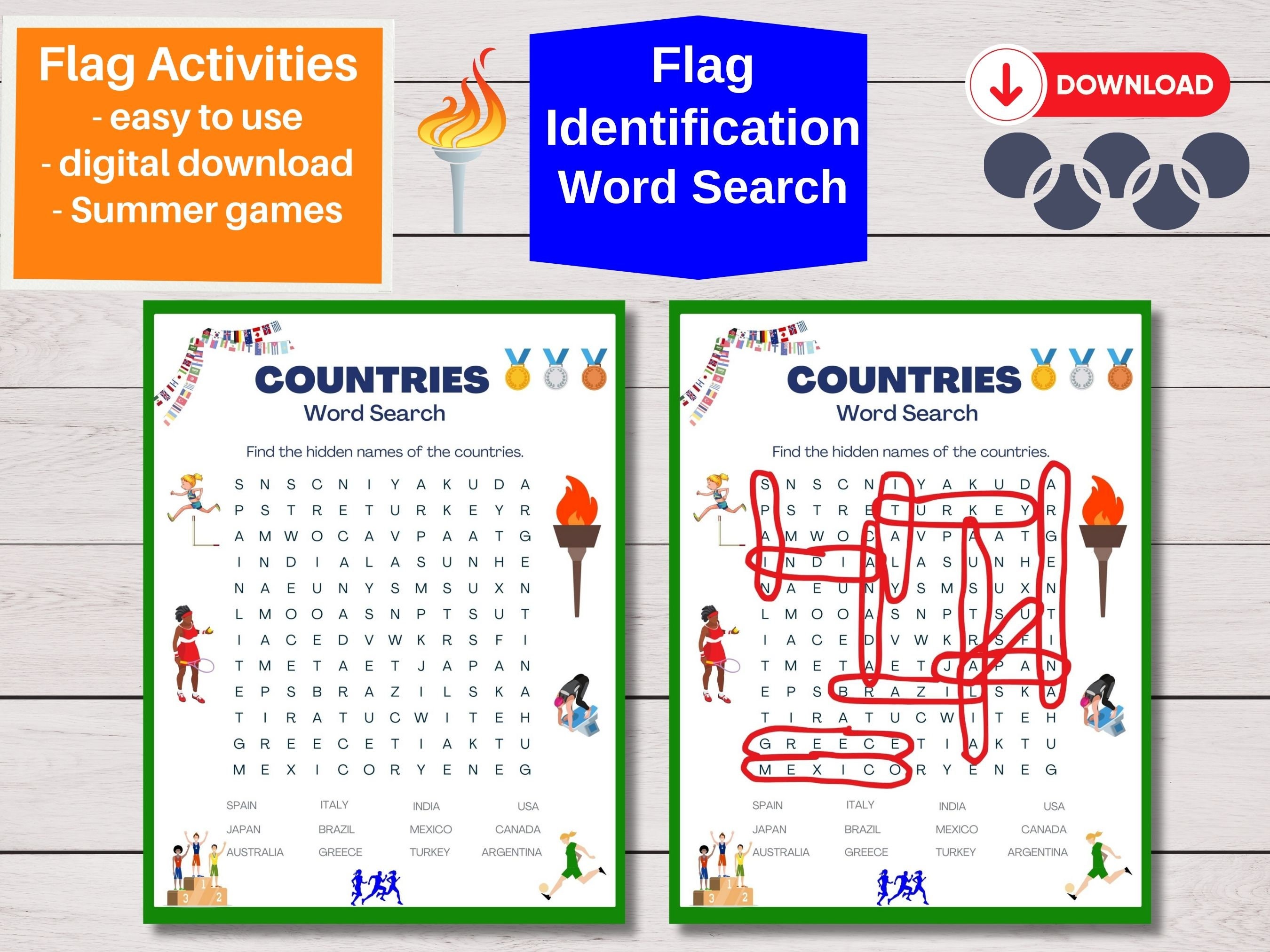 Flag Identification Activity Bundle, Summer Games 2024, Word Scramble ...