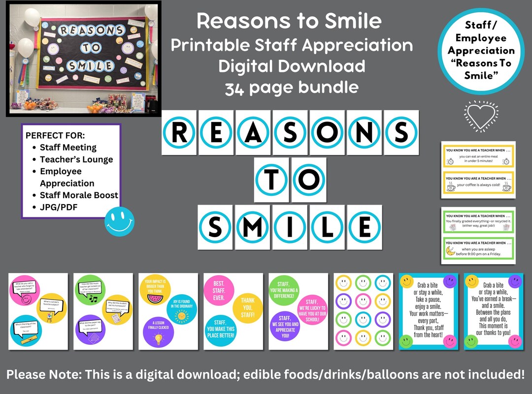 Reasons to Smile Staff Appreciation Printable, Teacher & Employee ...