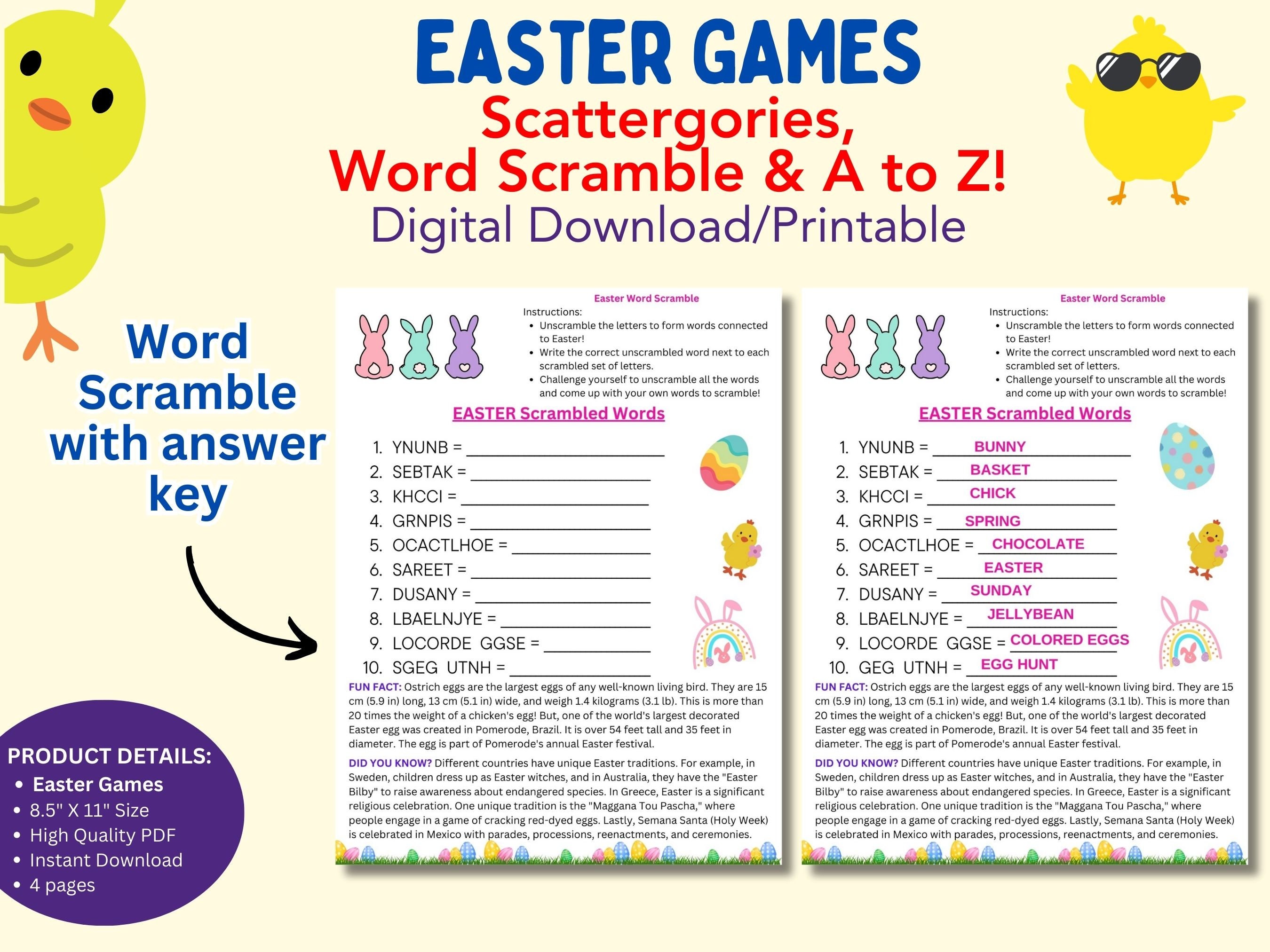 Easter Fun Pack: Word Scramble, A to Z Game, Scattergories, Game Time ...