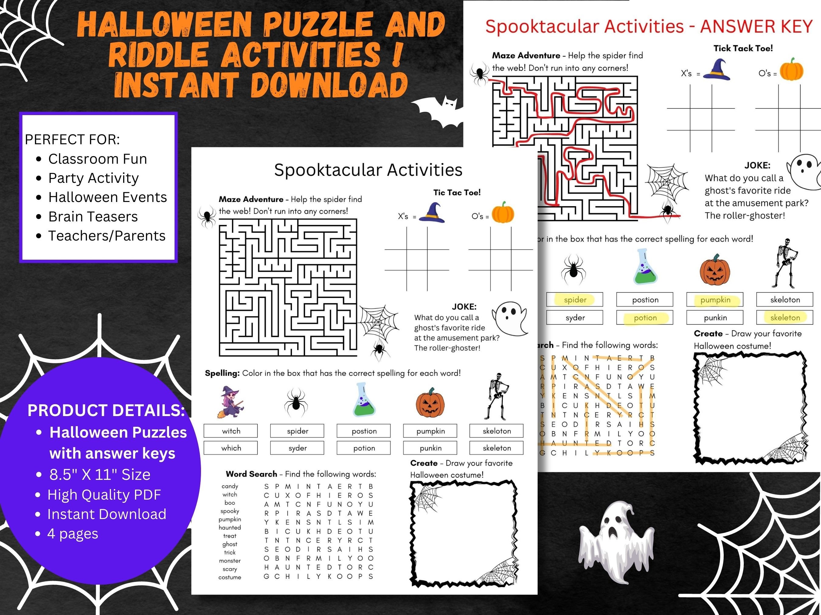 Halloween Puzzles: Mazes Word Search Spelling and More Math - Etsy