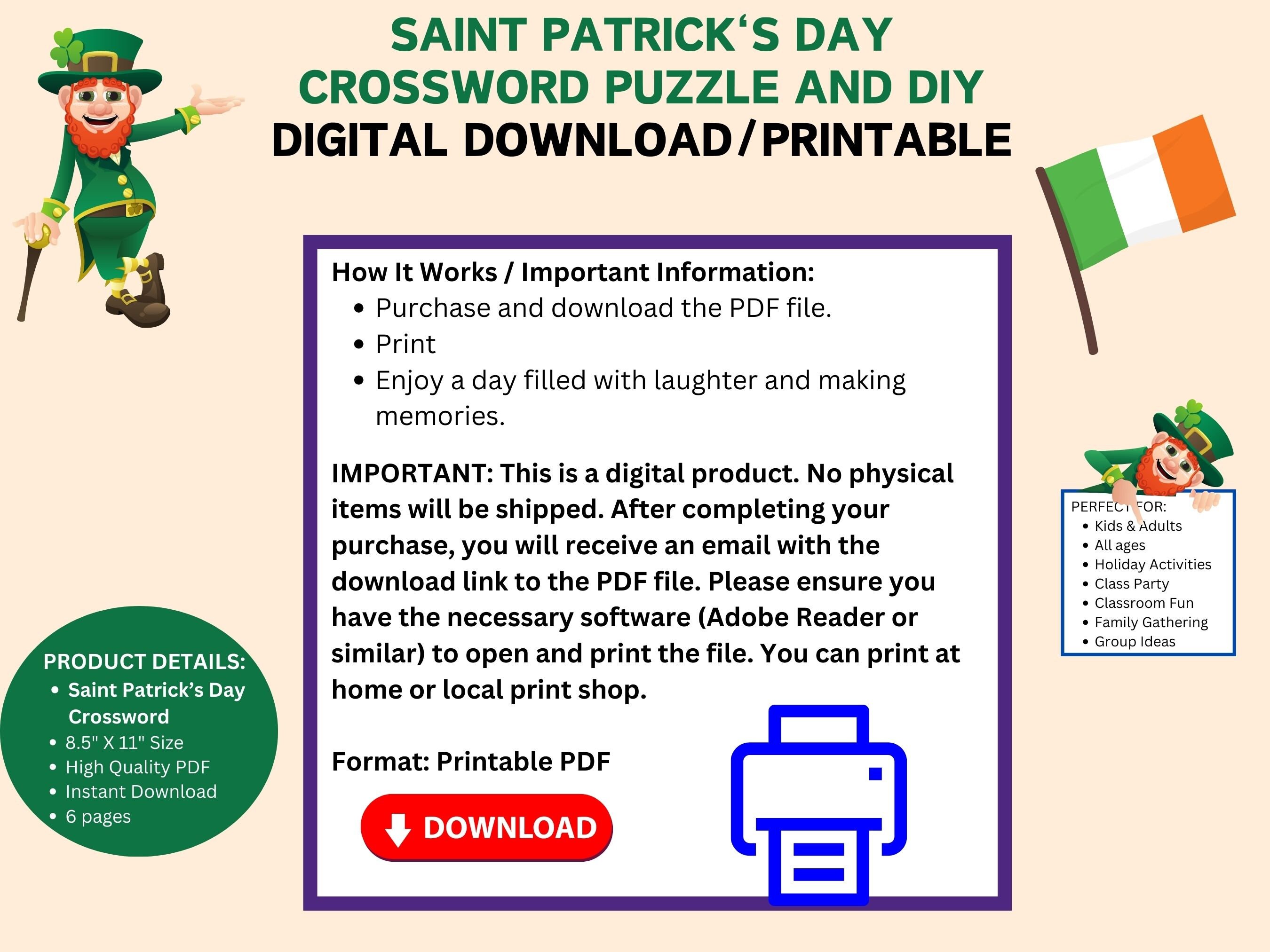 St. Patrick's Day Crossword Puzzle Bundle & DIY Template, Class/family ...