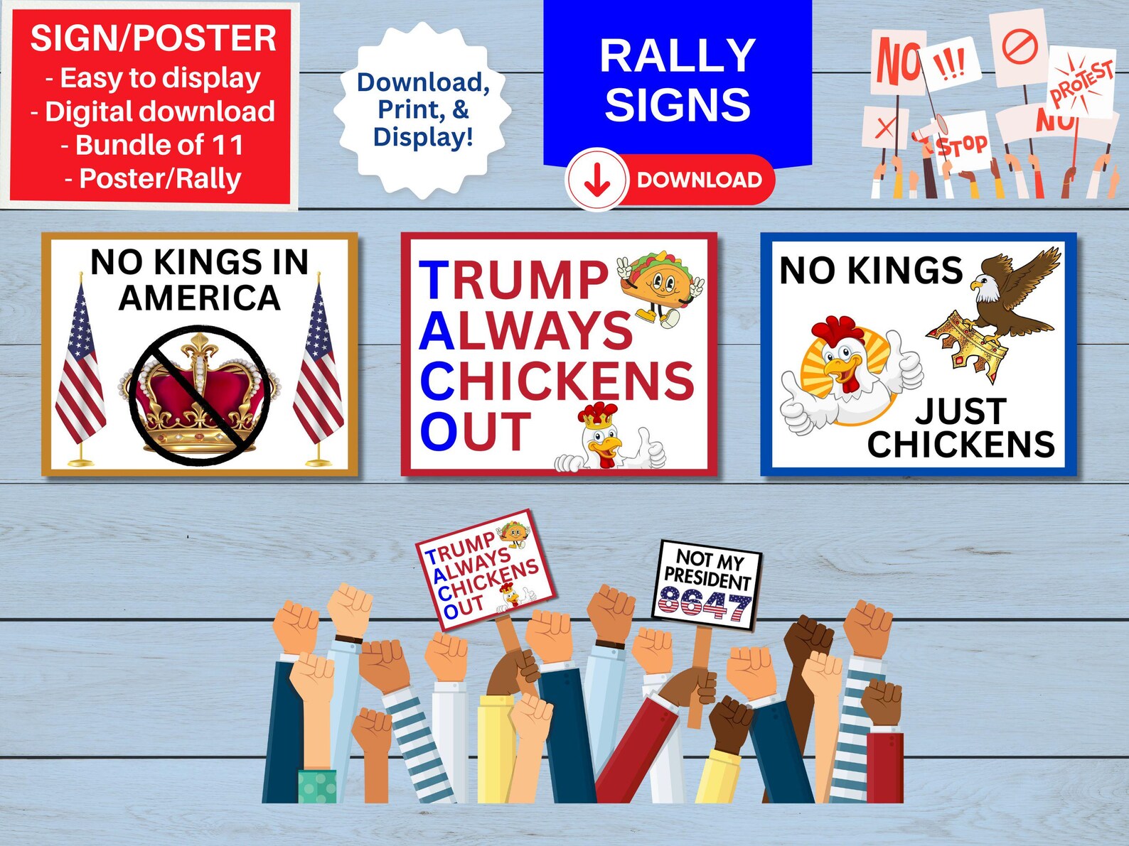 No Kings Day Printable Protest Signs – Political Posters, TACO, Trump ...