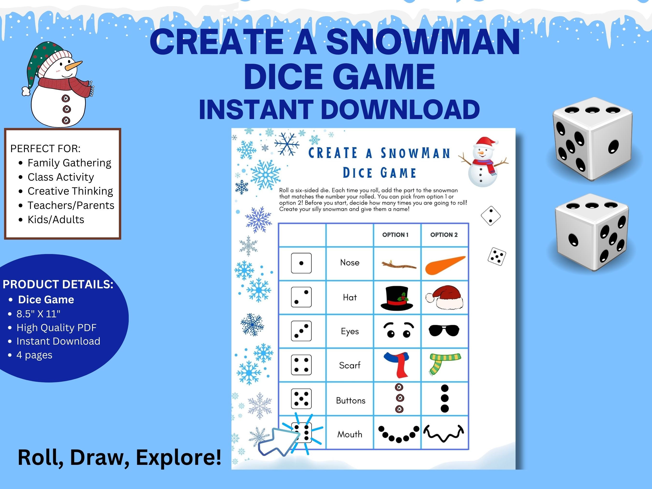 Create A Snowman Dice Game, Class Party, Interactive, Group/school ...