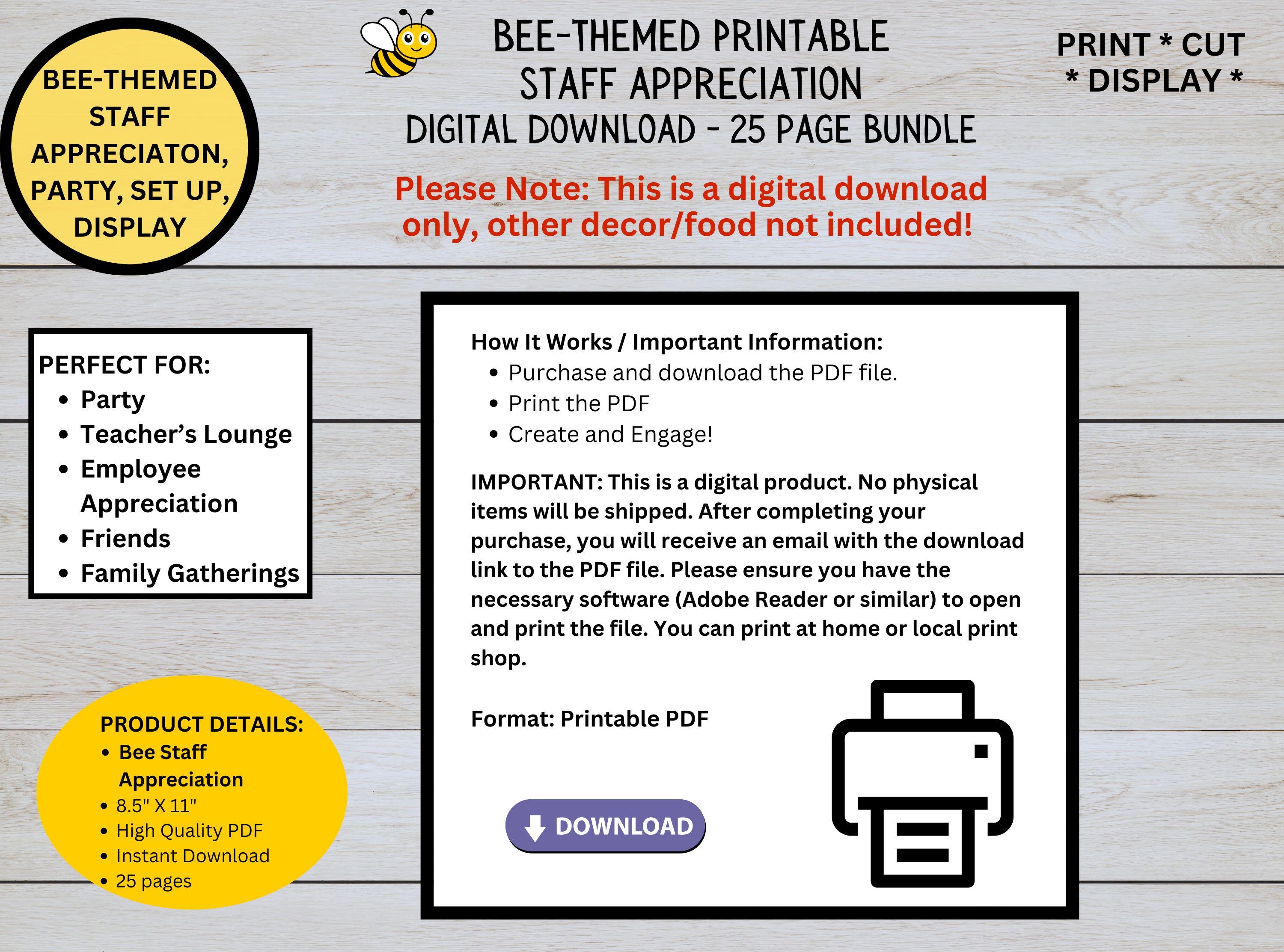 Bee-themed Staff Appreciation Printable, Teacher & Employee ...