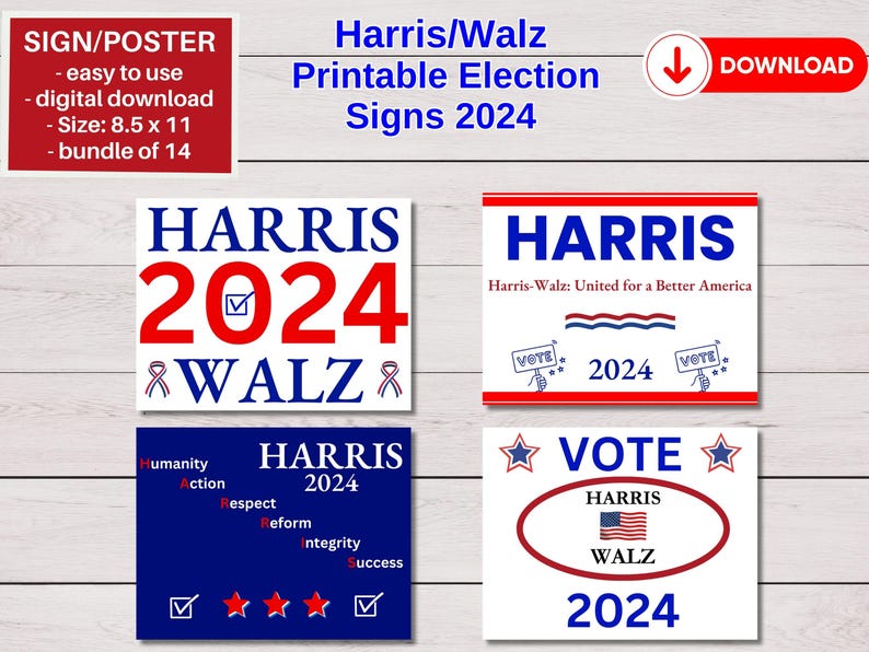 Harris/walz Printable Signs, Campaign Rally Posters, Set of 14, Vote ...
