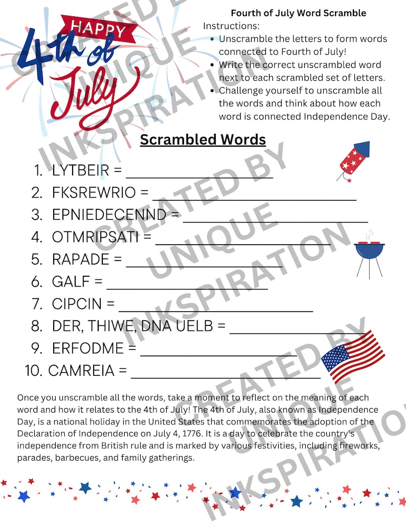 4th of July Independence Day Word Scramble - Printable PDF, Family ...