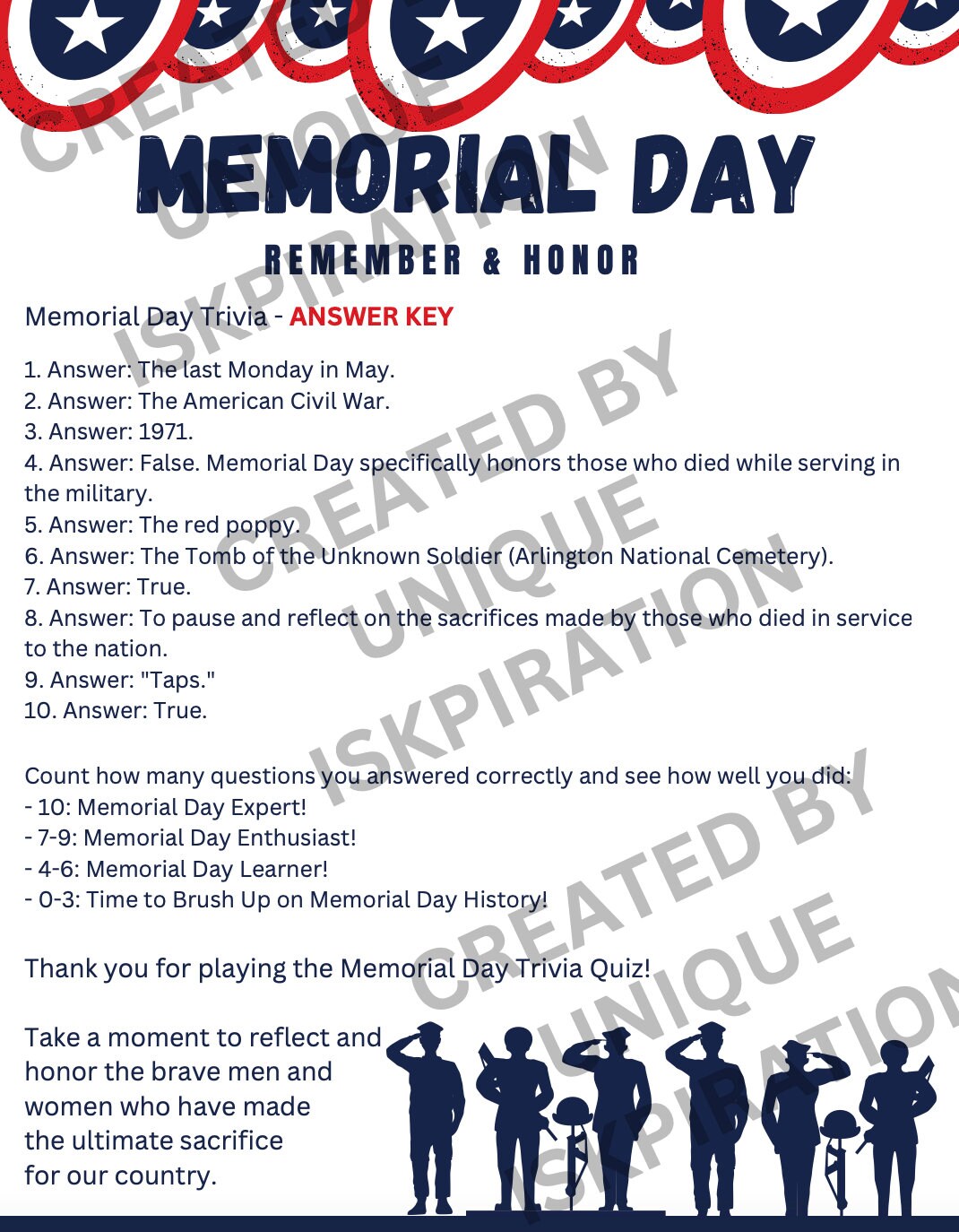Memorial Day Trivia Quiz With Scoring Guide Easy Download/printable - Etsy
