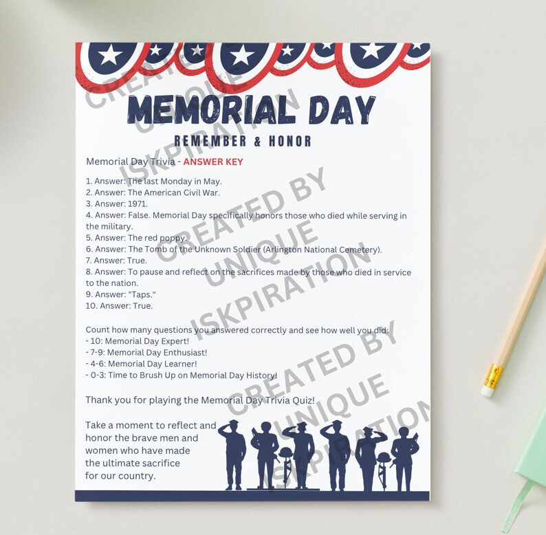 Memorial Day Trivia Quiz With Scoring Guide- Easy Download/printable - Etsy