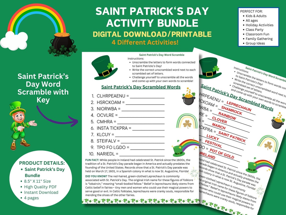 Saint Patrick's Day Activity Bundle, Word Scramble, Scattergories, A to ...
