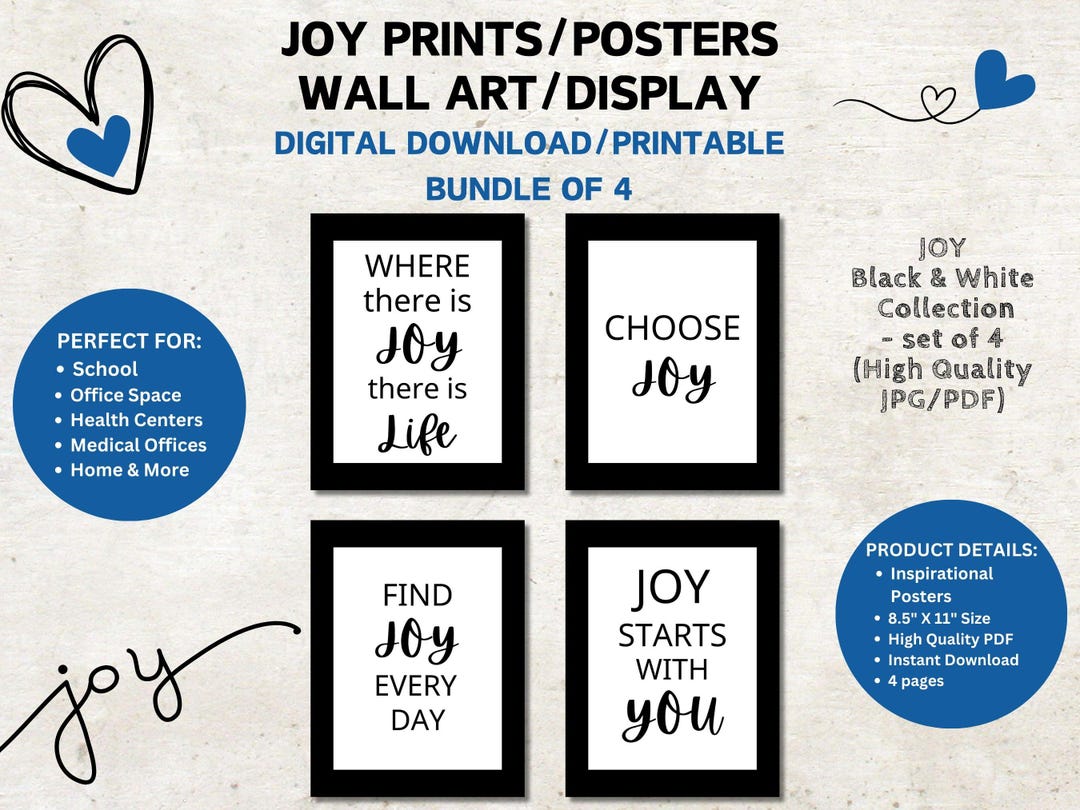 Joy Printable Wall Art - Set of 4 Black & White Inspirational Posters ...