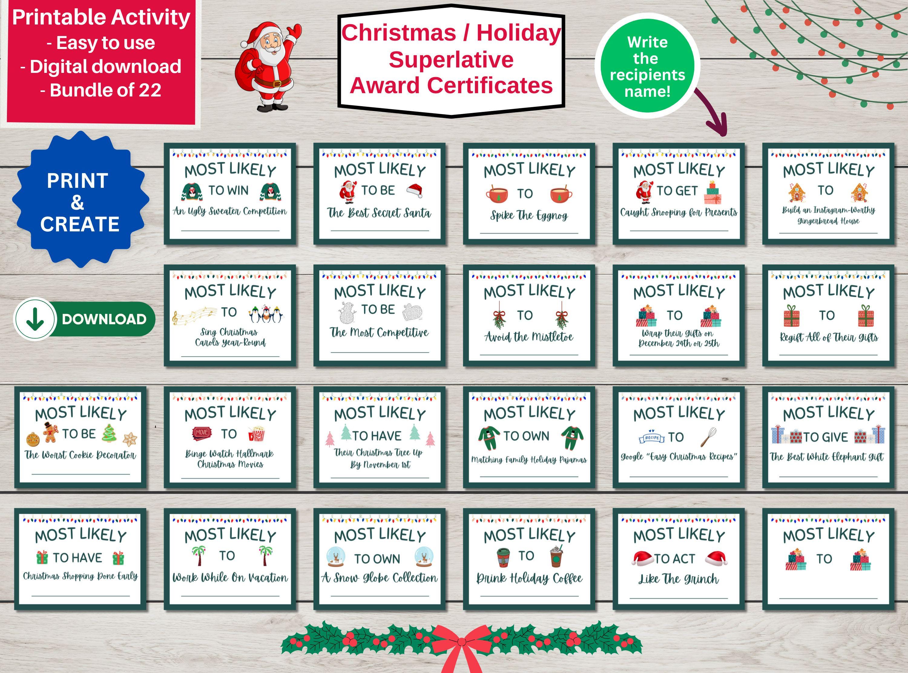 Christmas Superlative Award Certificate, Staff/office Party, Family or ...