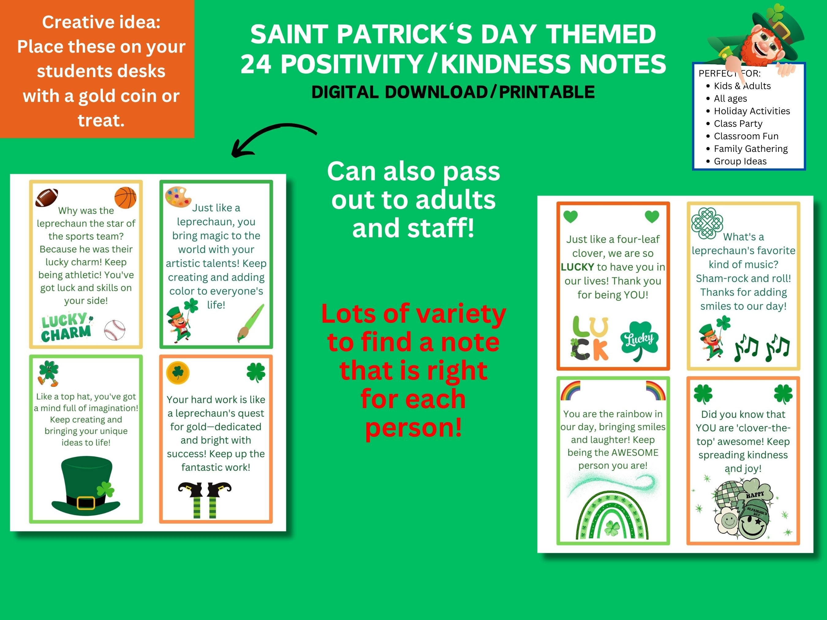 St. Patrick's Day Positivity Notes, Spread Joy and Kindness, Cute ...
