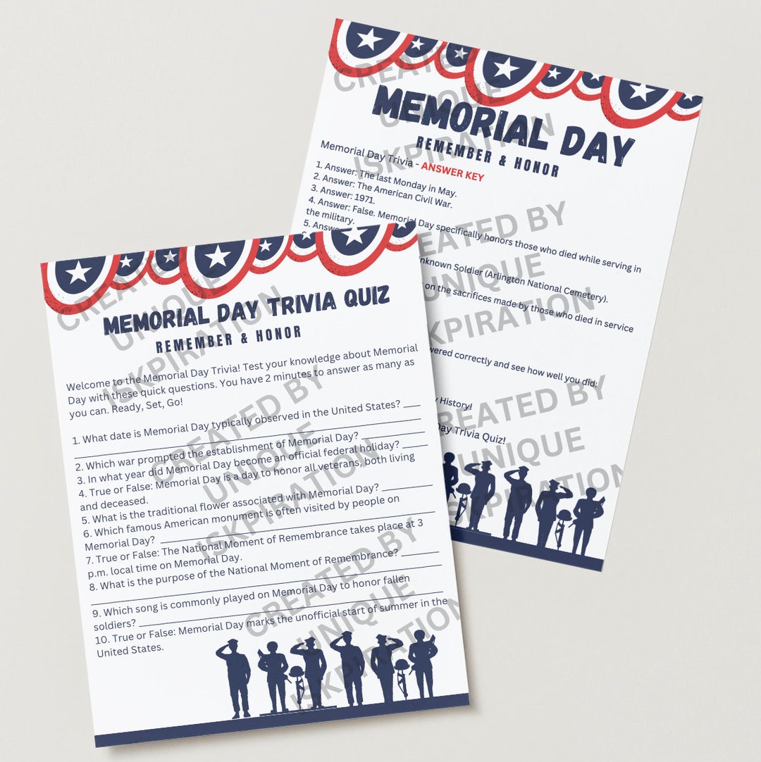 Memorial Day Trivia Quiz With Scoring Guide- Easy Download/printable - Etsy