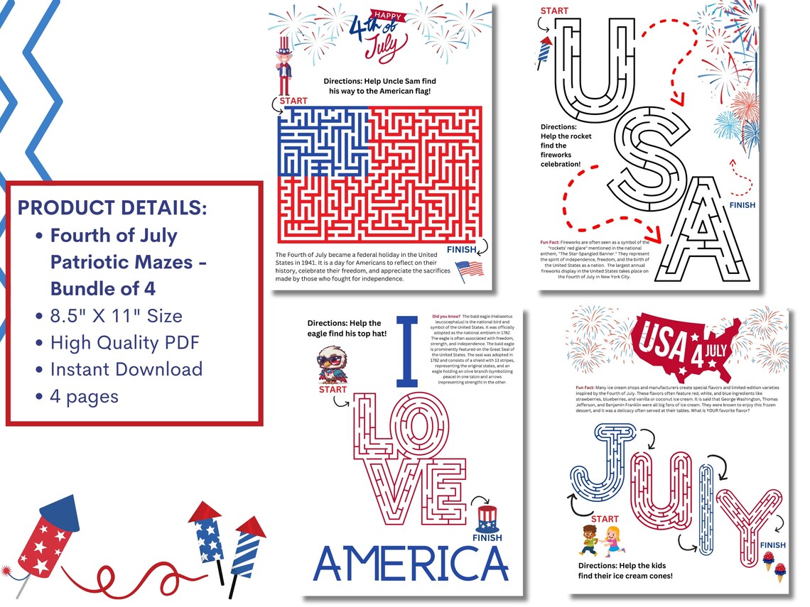 Fourth of July Patriotic Mazes- Printable Bundle, 4th of July, Holiday ...