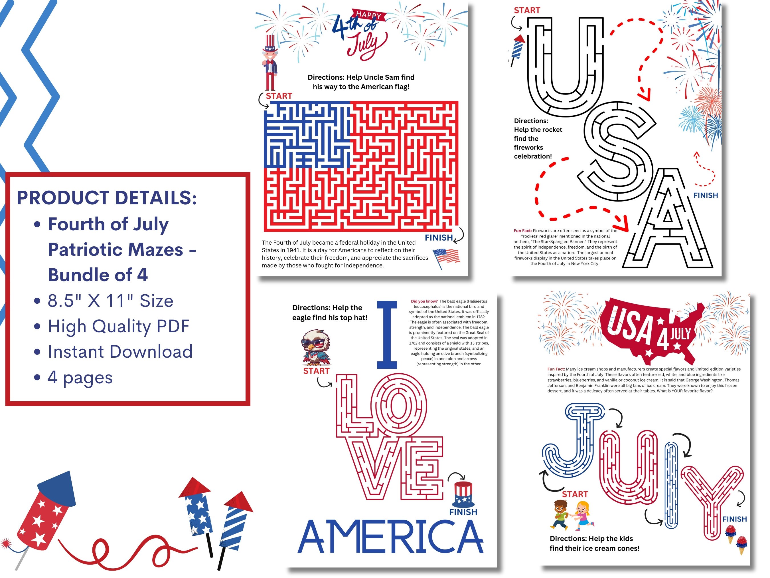 Fourth of July Patriotic Mazes- Printable Bundle, 4th of July, Holiday ...