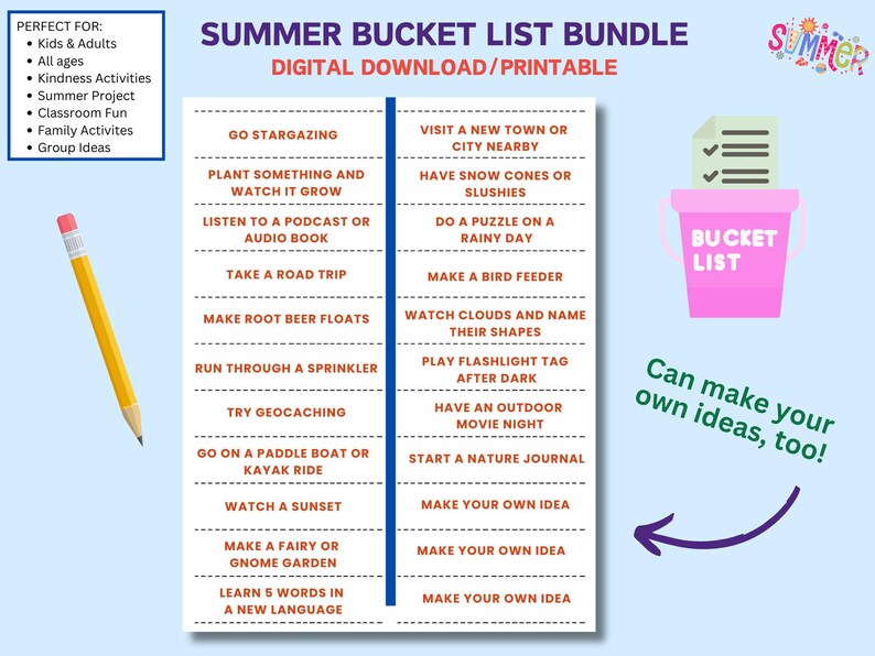 Summer Bucket List Printable, Kids & Family Summer Activities ...