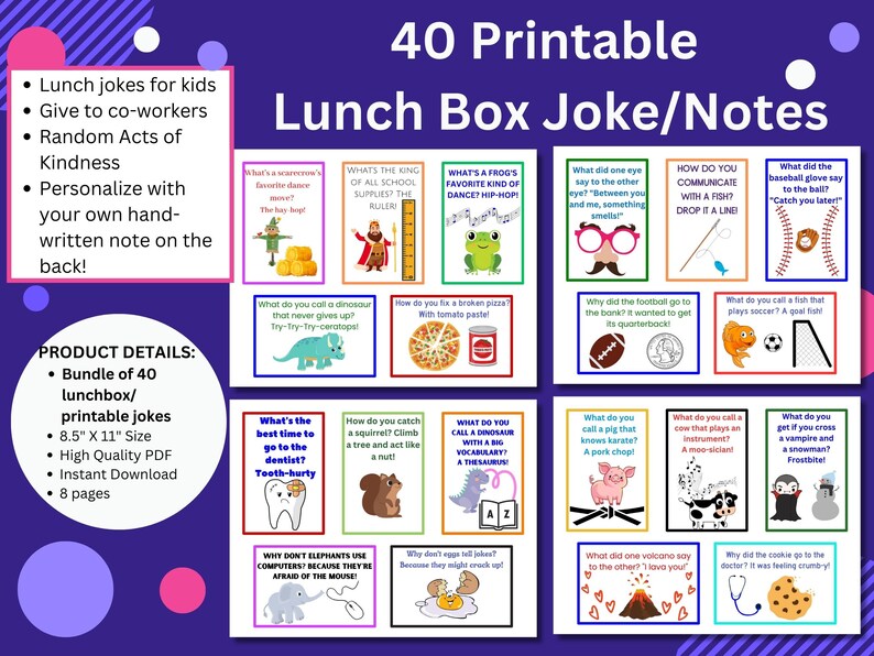 Bundle of 40 Funny Jokes, Kid's Lunchbox Notes, Ice-beaker Laughs ...