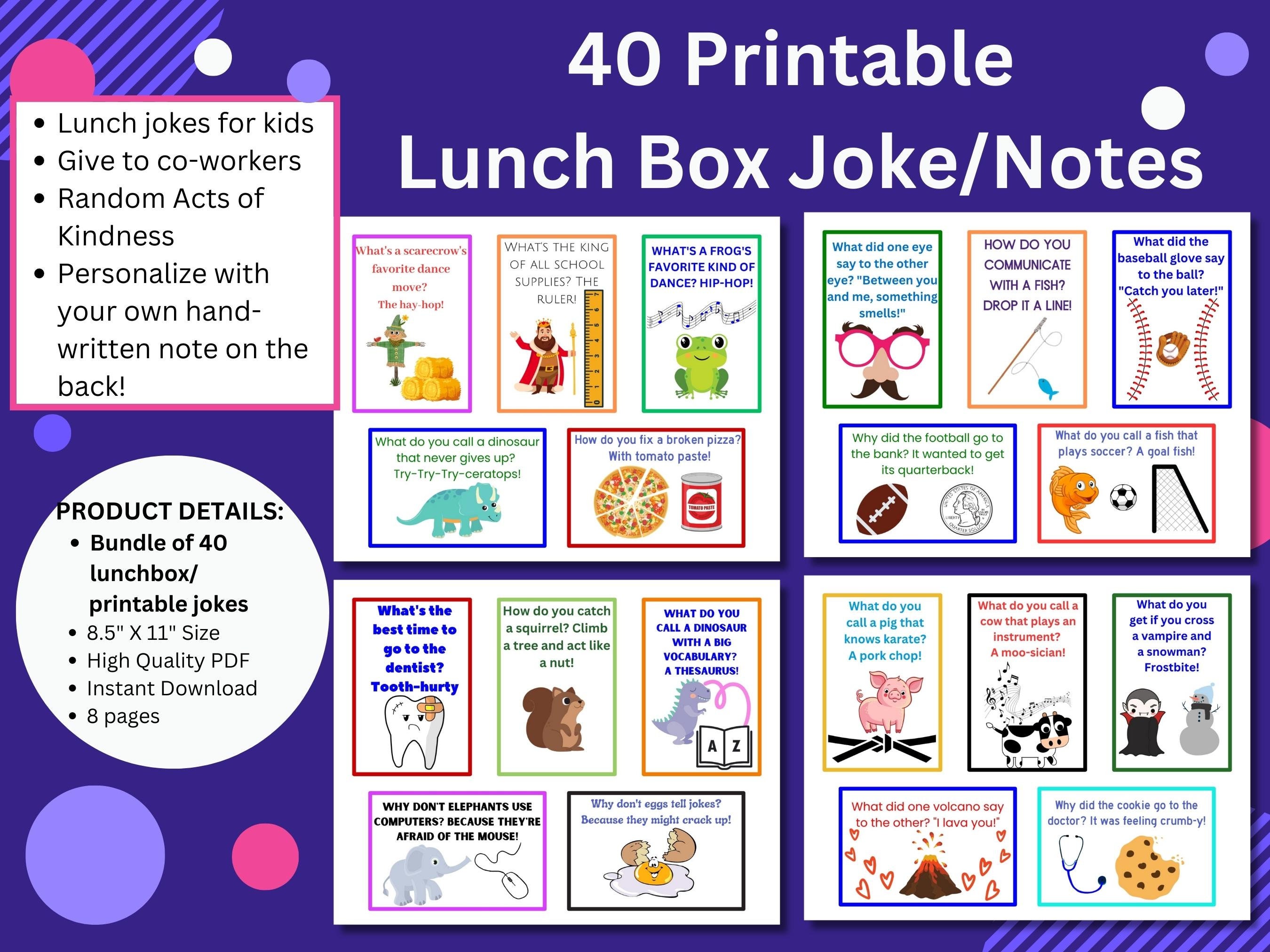 Bundle of 40 Funny Jokes, Kid's Lunchbox Notes, Ice-beaker Laughs ...