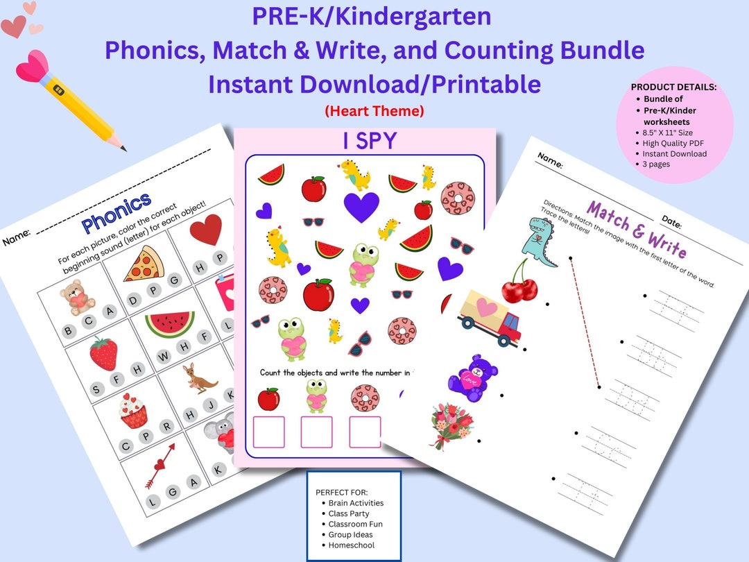Pre-k, Kindergarten Phonics, Tracing, and Counting Bundle, Valentine's ...