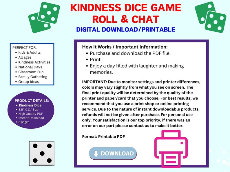 Kindness Dice Game, Conversation Starters, Roll and Play, Group/class ...