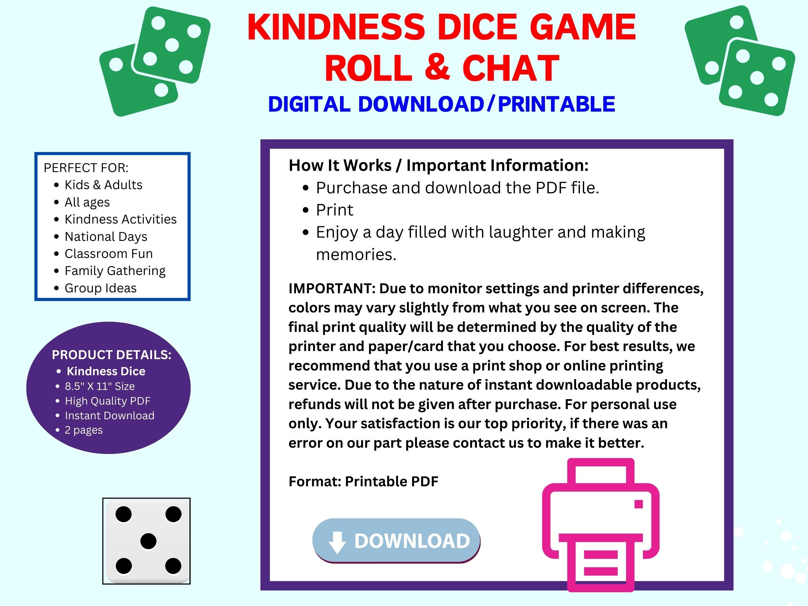 Kindness Dice Game, Conversation Starters, Roll and Play, Group/class ...