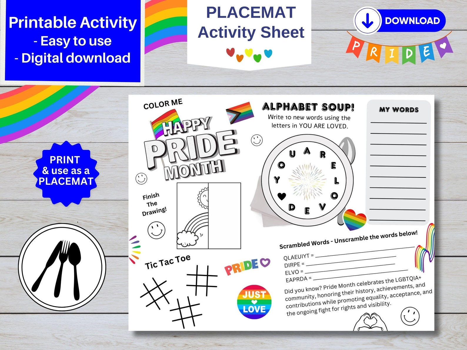 PRIDE Placemat, Kids Activity Table Mat, Craft Activity Page, Love Wins ...