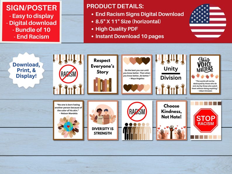 End Racism Printable Signs, Diversity & Inclusion Wall Art, Be Kind ...
