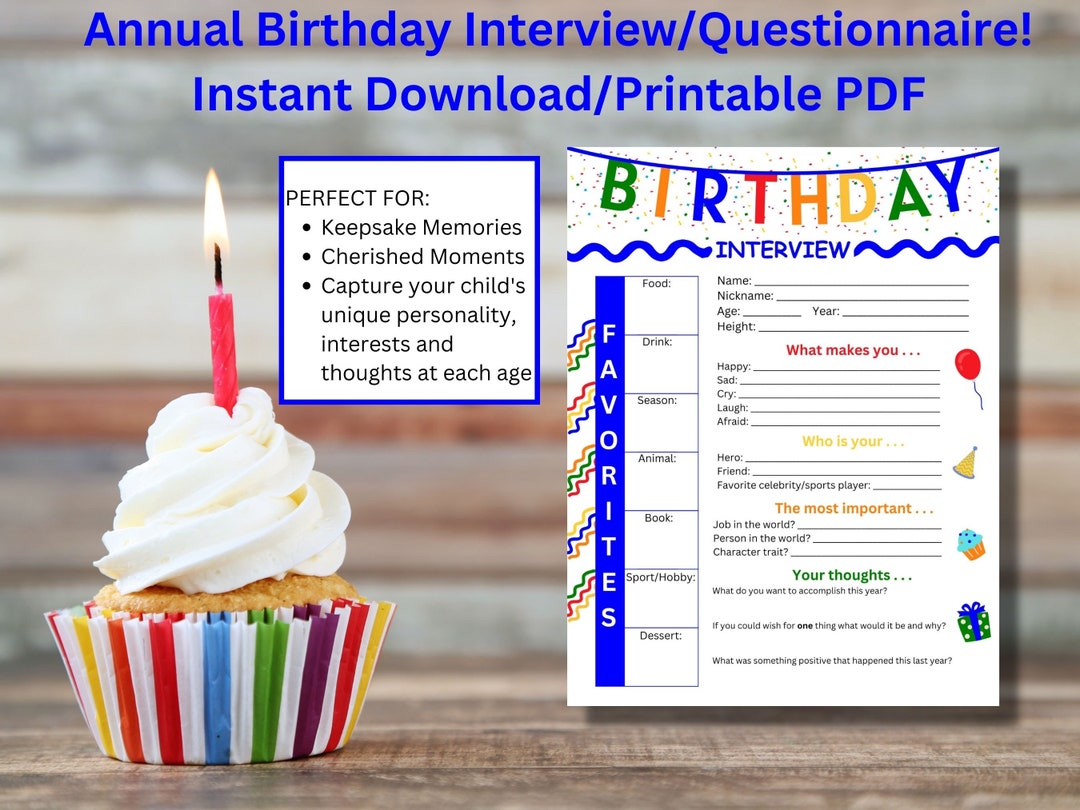 Birthday Annual Interview Questionnaire, Keepsake Memory, Instant ...