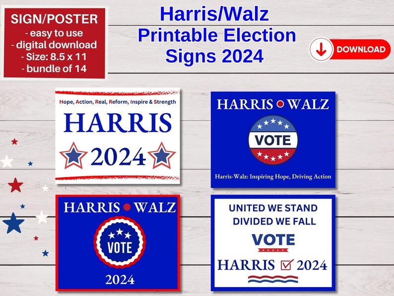 Harris/walz Printable Signs, Campaign Rally Posters, Set of 14, Vote ...