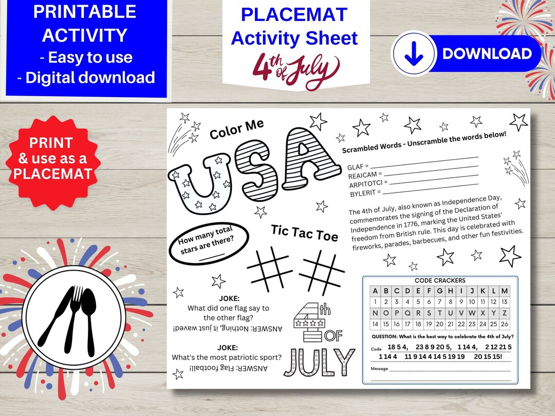 4th of July Printable Placemat for Kids, Table Mat Activity Sheet ...