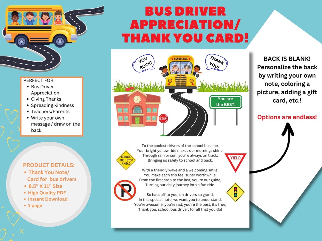 Cute School Bus Driver Appreciation Note/ Thank You Card, Class ...