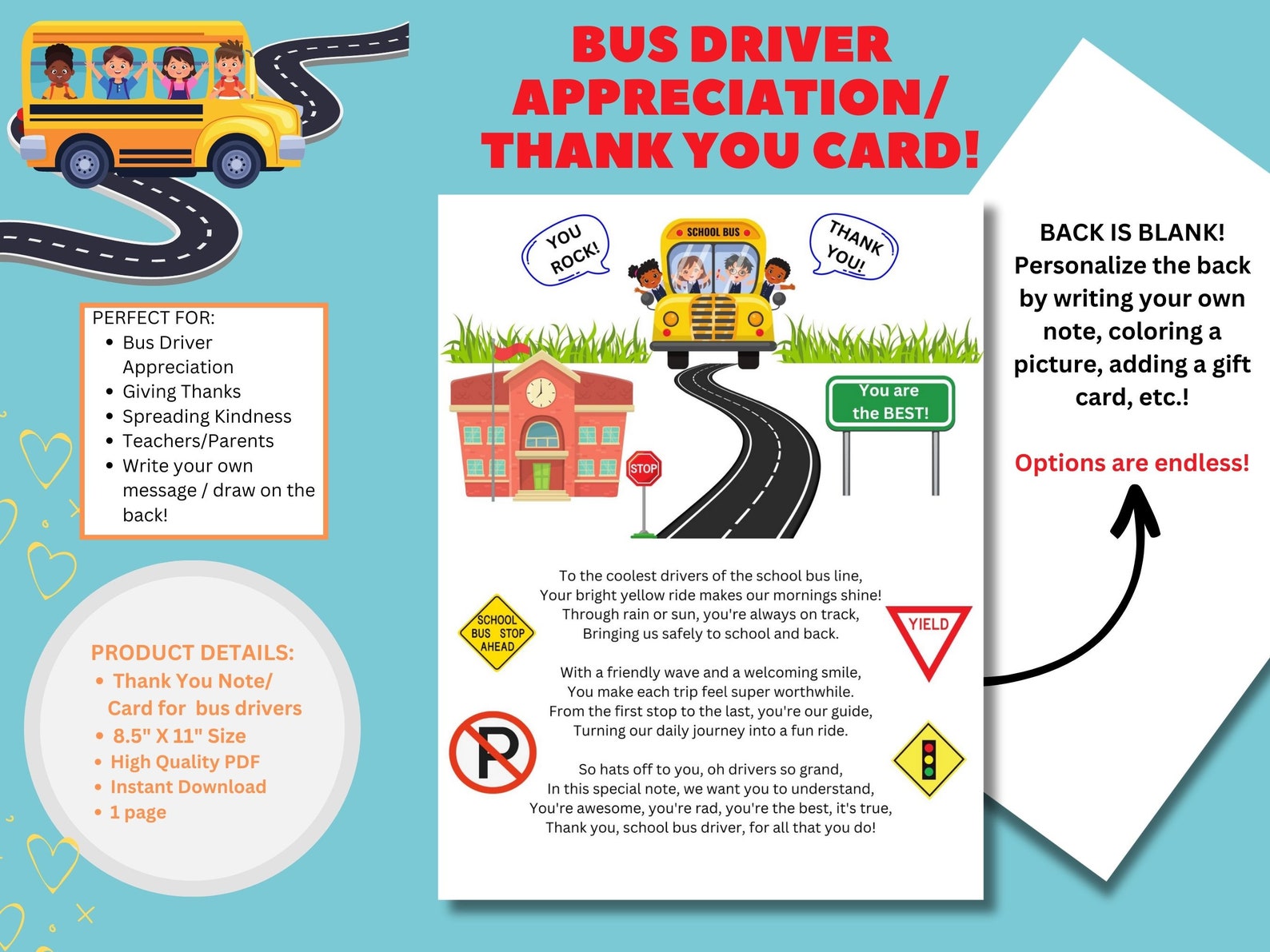 Cute School Bus Driver Appreciation Note/ Thank You Card, Class ...
