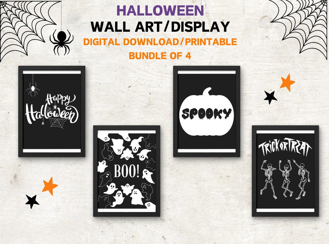 Halloween Wall Art Prints- Printable Set of 4, Black & White Decor ...