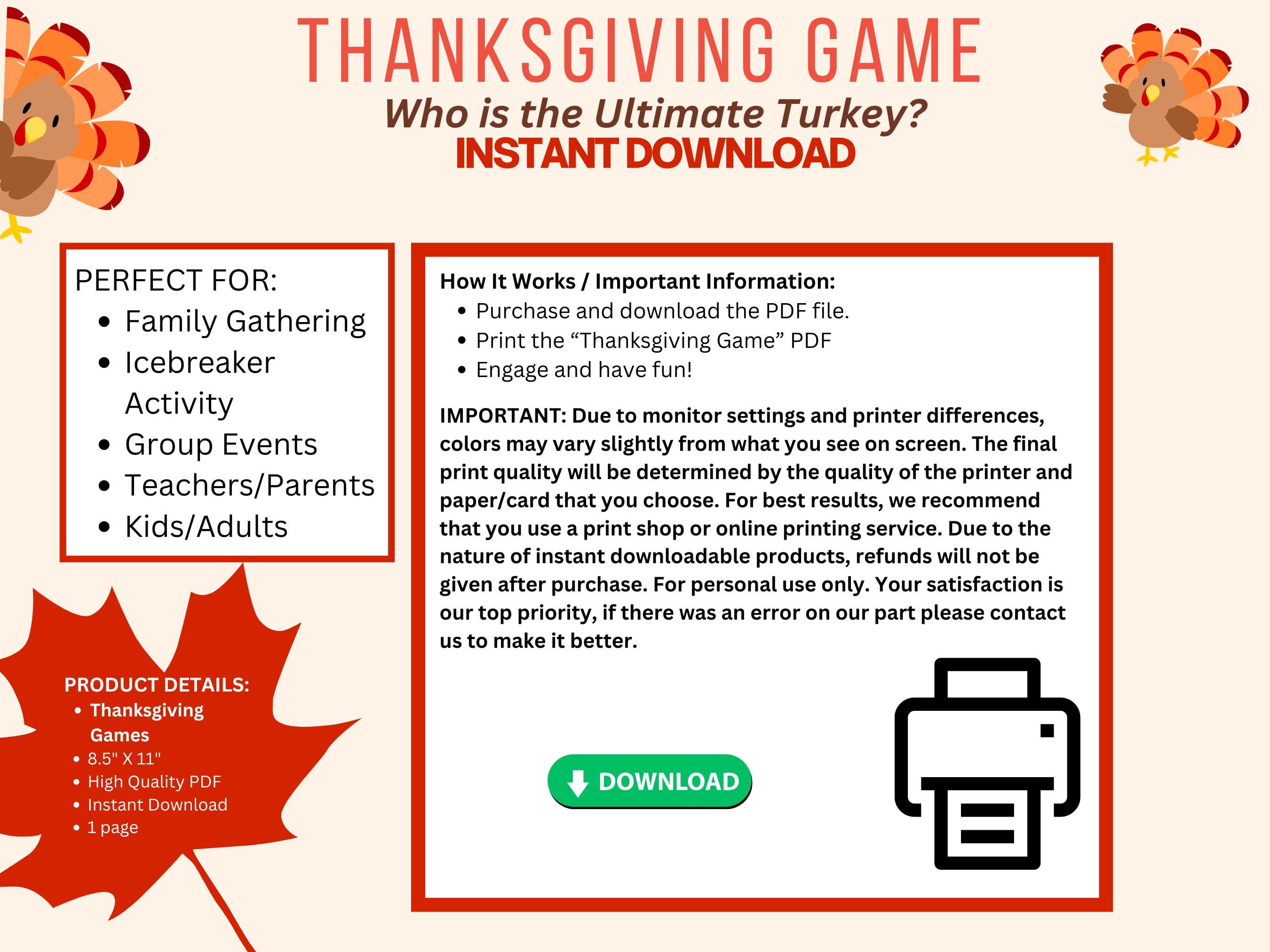 Thanksgiving Game, Who is Most Like a Turkey? Icebreaker, Family ...