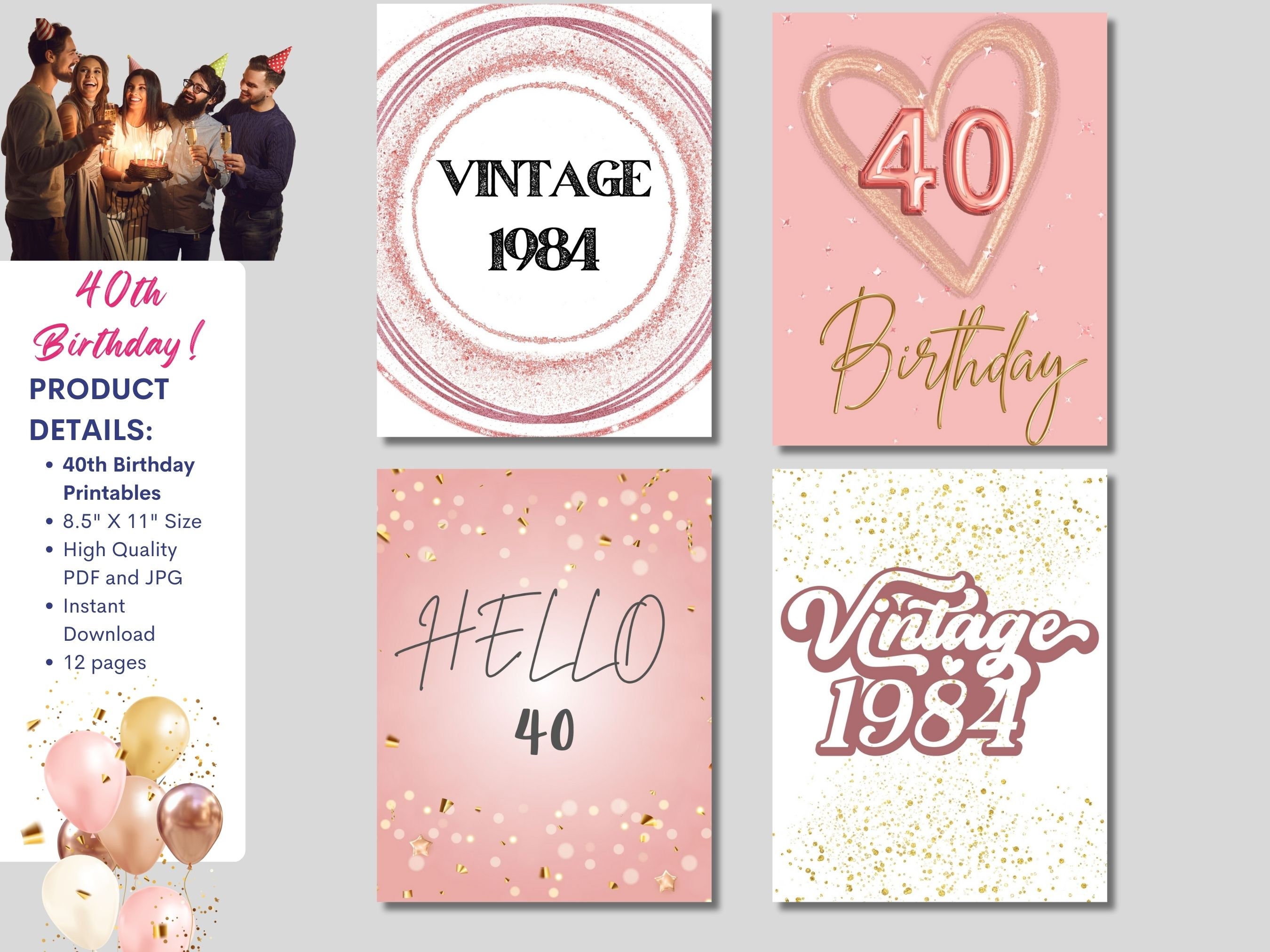 40th Birthday Printable, Digital Download, 12 Designs, Vintage 1984 ...