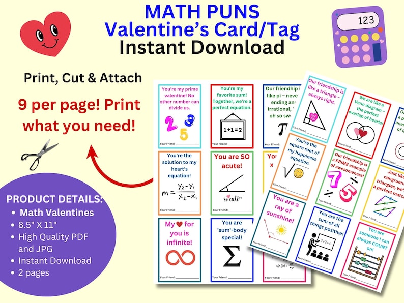 Math Puns: Colorful Valentine's Math Pun Notes, Printable Cards ...