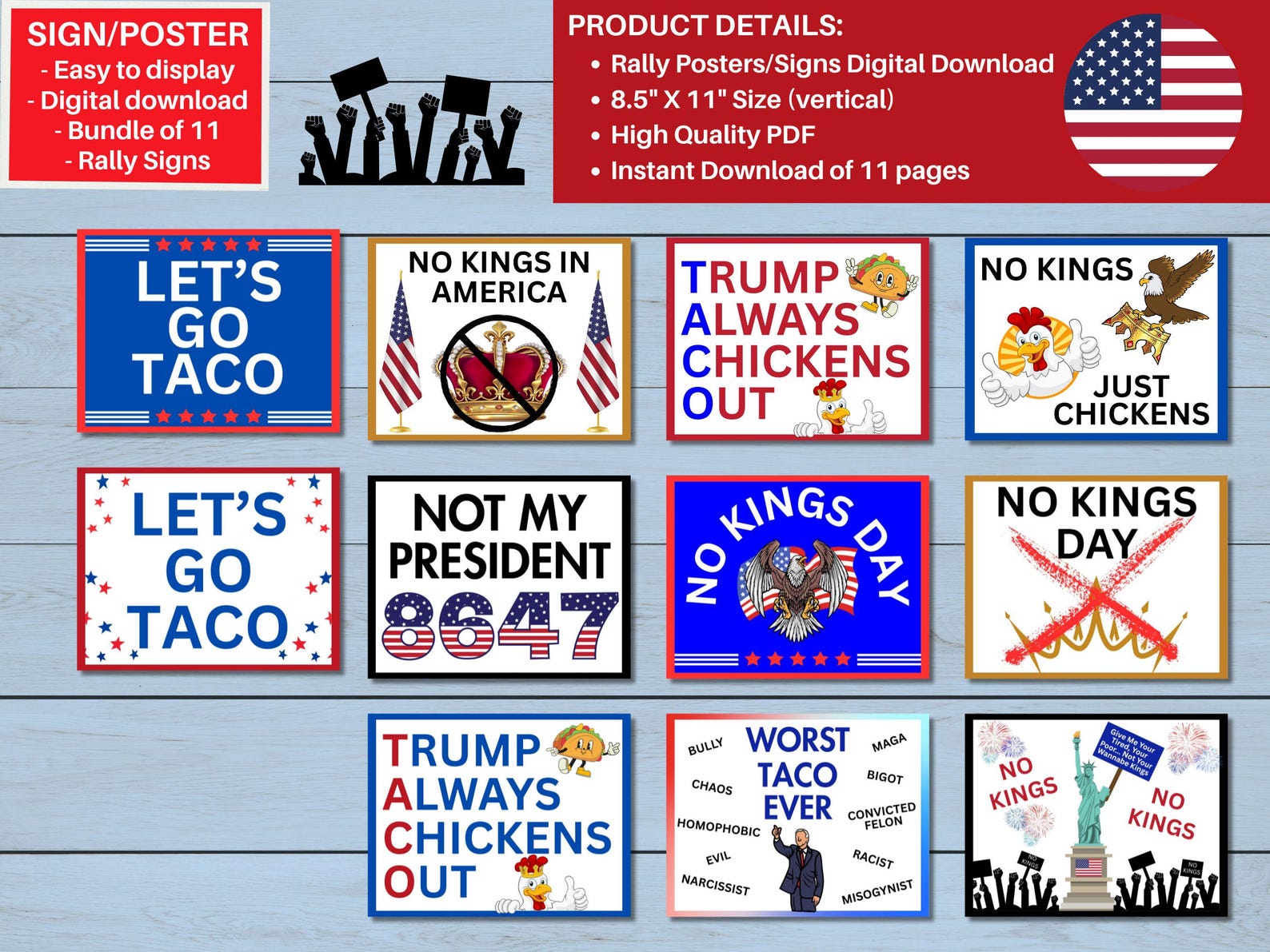 No Kings Day Printable Protest Signs – Political Posters, TACO, Trump ...