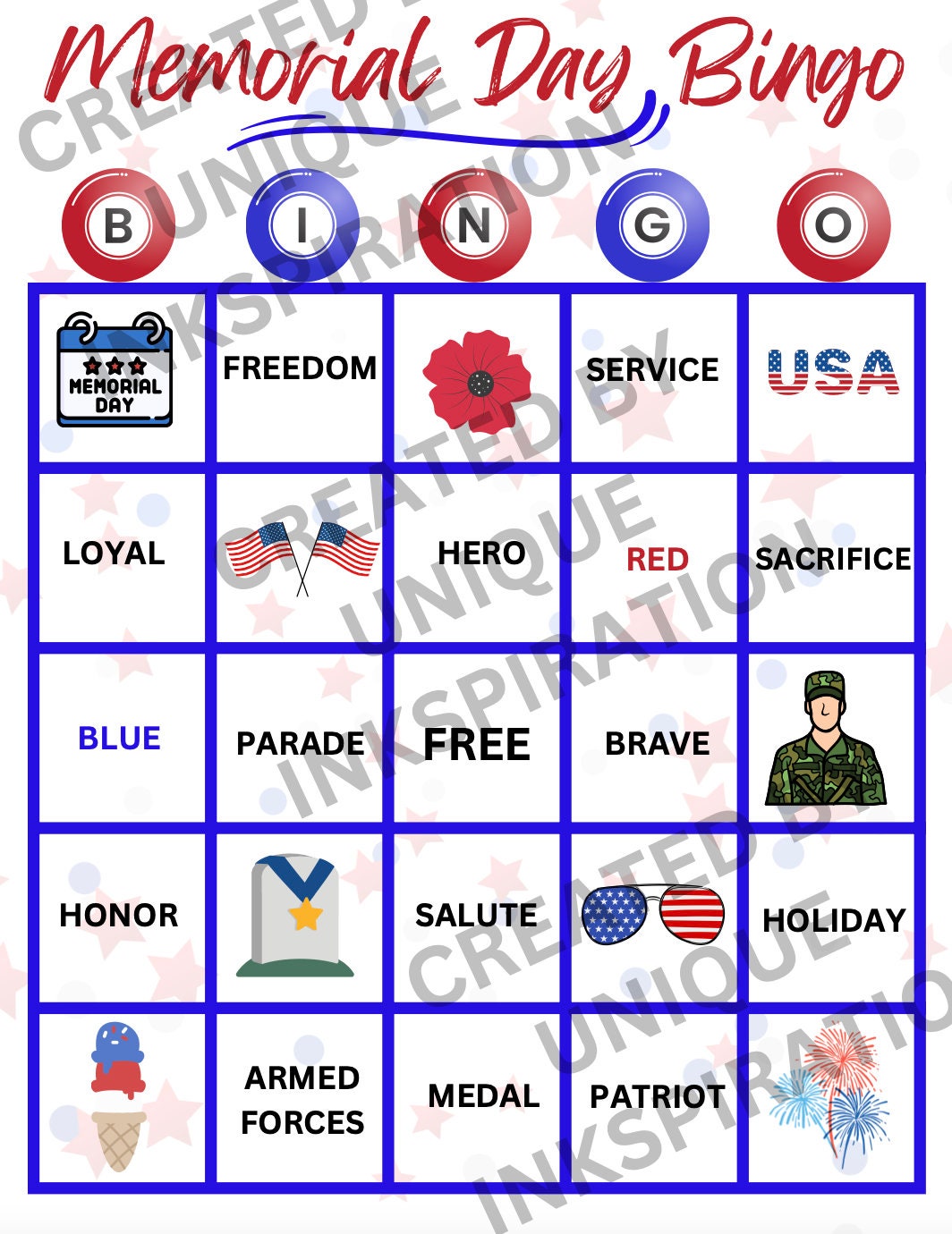 Memorial Day Bingo - 30 Unique Printable Bingo Cards - Etsy