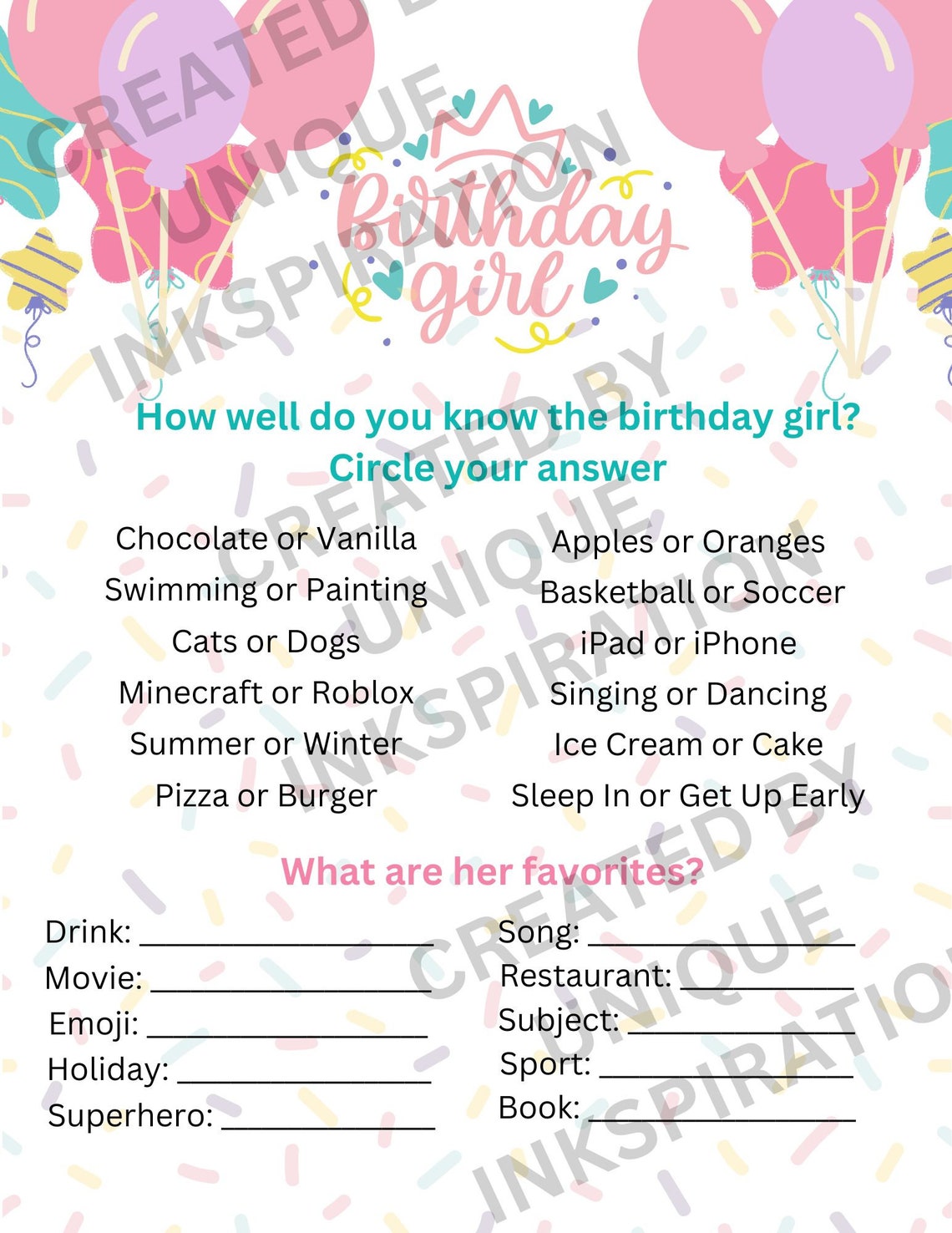 Do You Know the Birthday Girl - Fun Questionnaire for Guests, Birthday ...