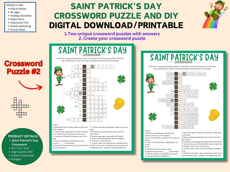 St. Patrick's Day Crossword Puzzle Bundle & DIY Template, Class/family ...