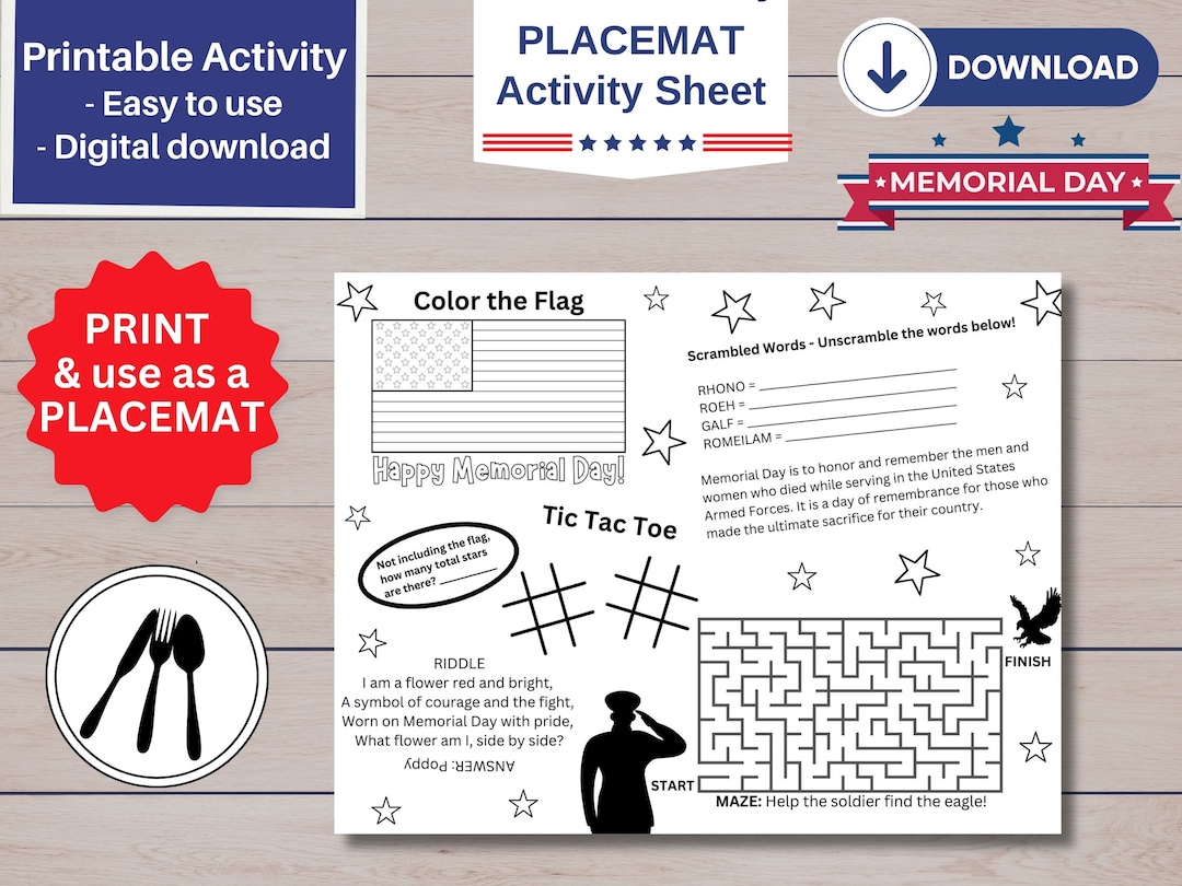 Memorial Day Printable Placemat, Activity Sheet, Table Mat Craft ...