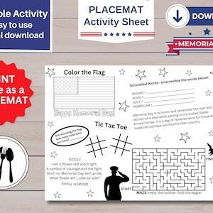 Memorial Day Printable Placemat, Activity Sheet, Table Mat Craft ...