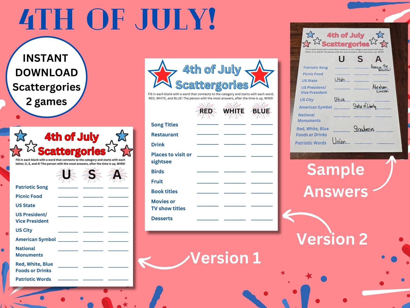Fourth of July Scattergories Game, 4th of July Game, Patriotic Game ...