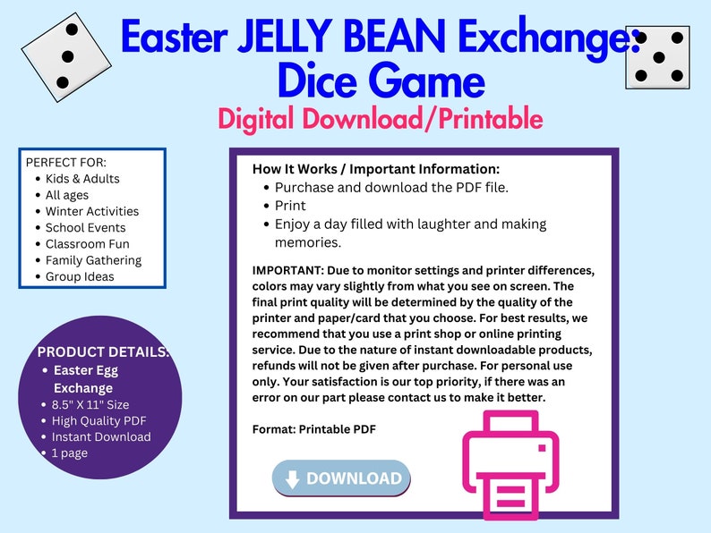 Easter Jellybean Exchange Dice Party Game, Class/family Activity, Group ...