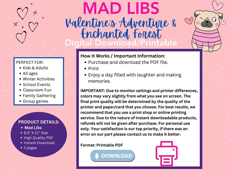 Valentine-themed Mad Libs, Class Activity, Family Party, Group Game ...