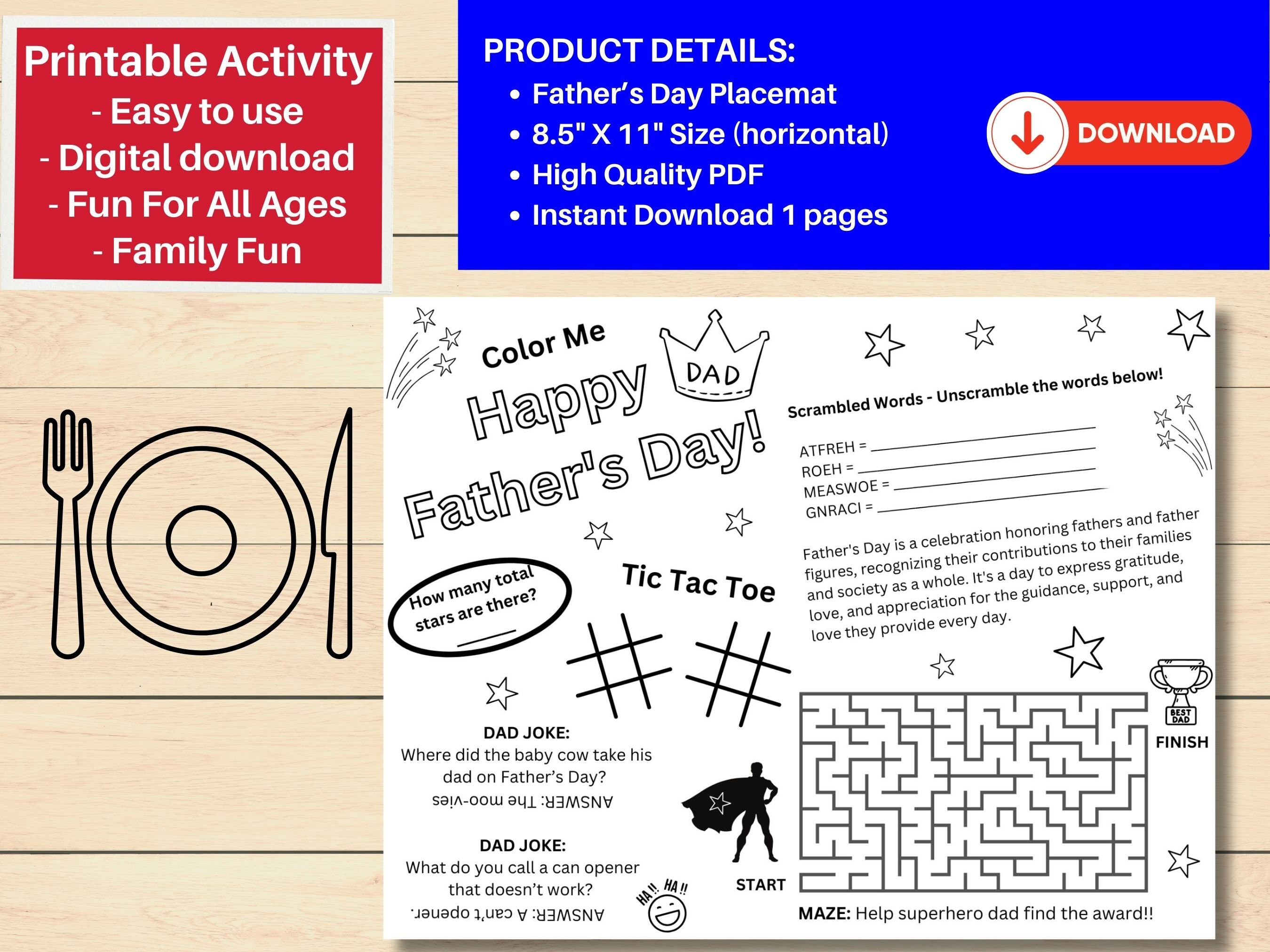 Father's Day Printable Placemat for Kids, Table Mat Activity Sheet ...