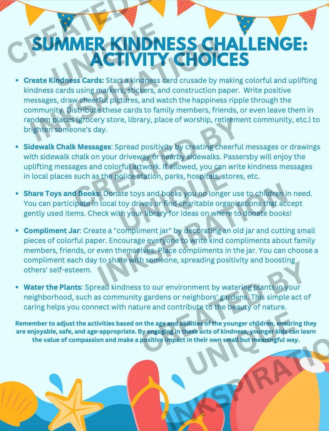 Summer Kindness Challenge for Kids Instant Printable/download, - Etsy