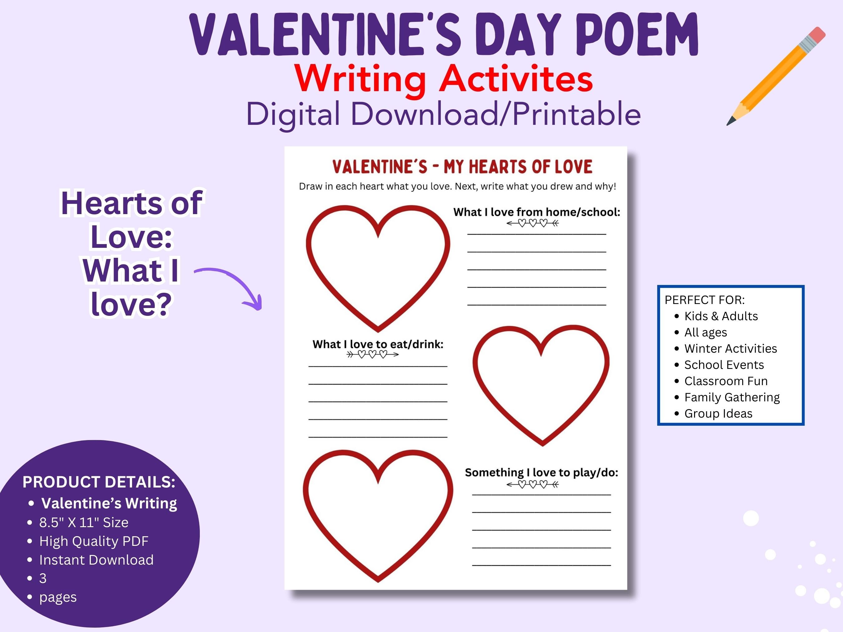 Valentine's Writing Pack: Acrostic Poem, Hearts of Love, & Expressive ...